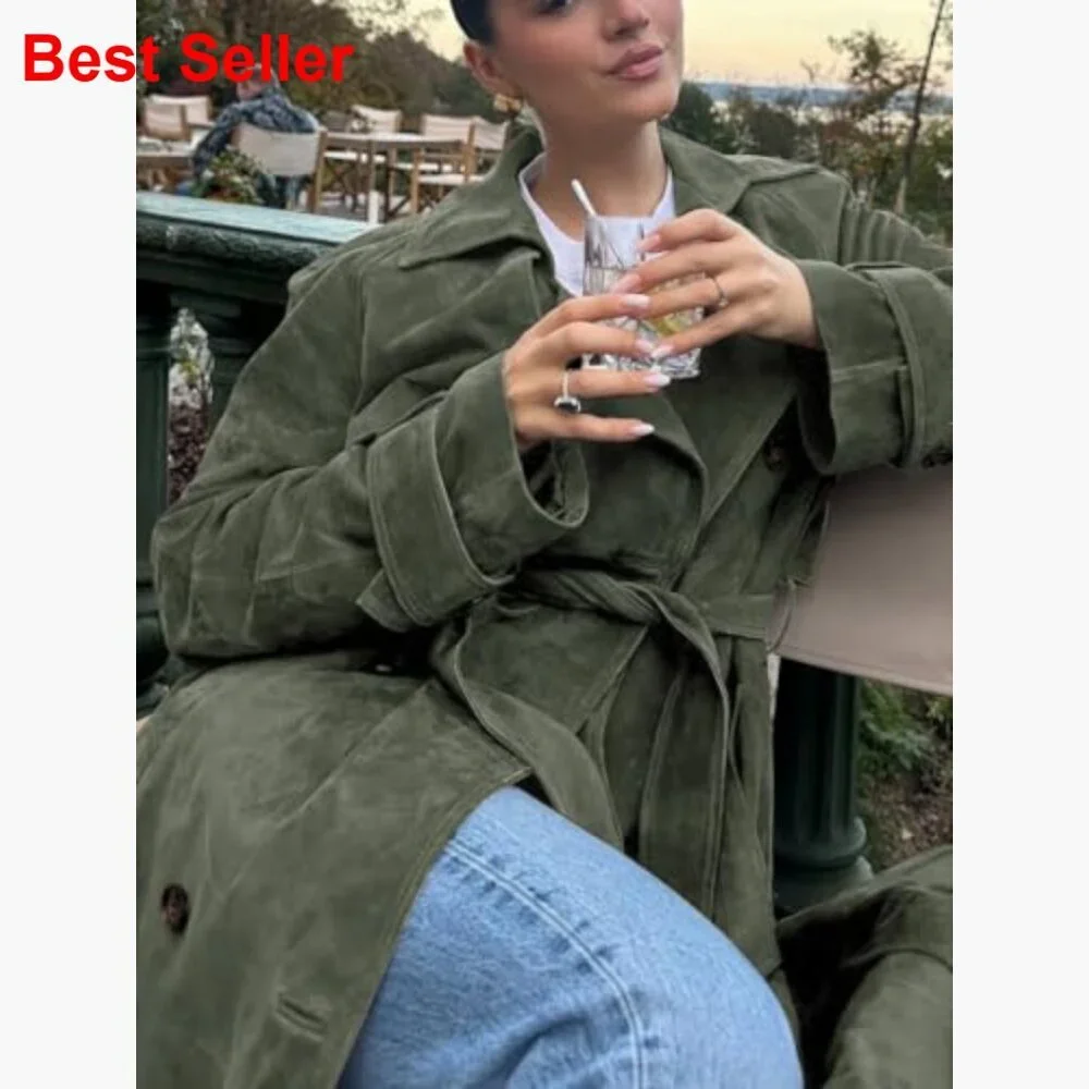 Jackets & Coats | Faux Suede Long Trench Coat Notched Lapel Double ...